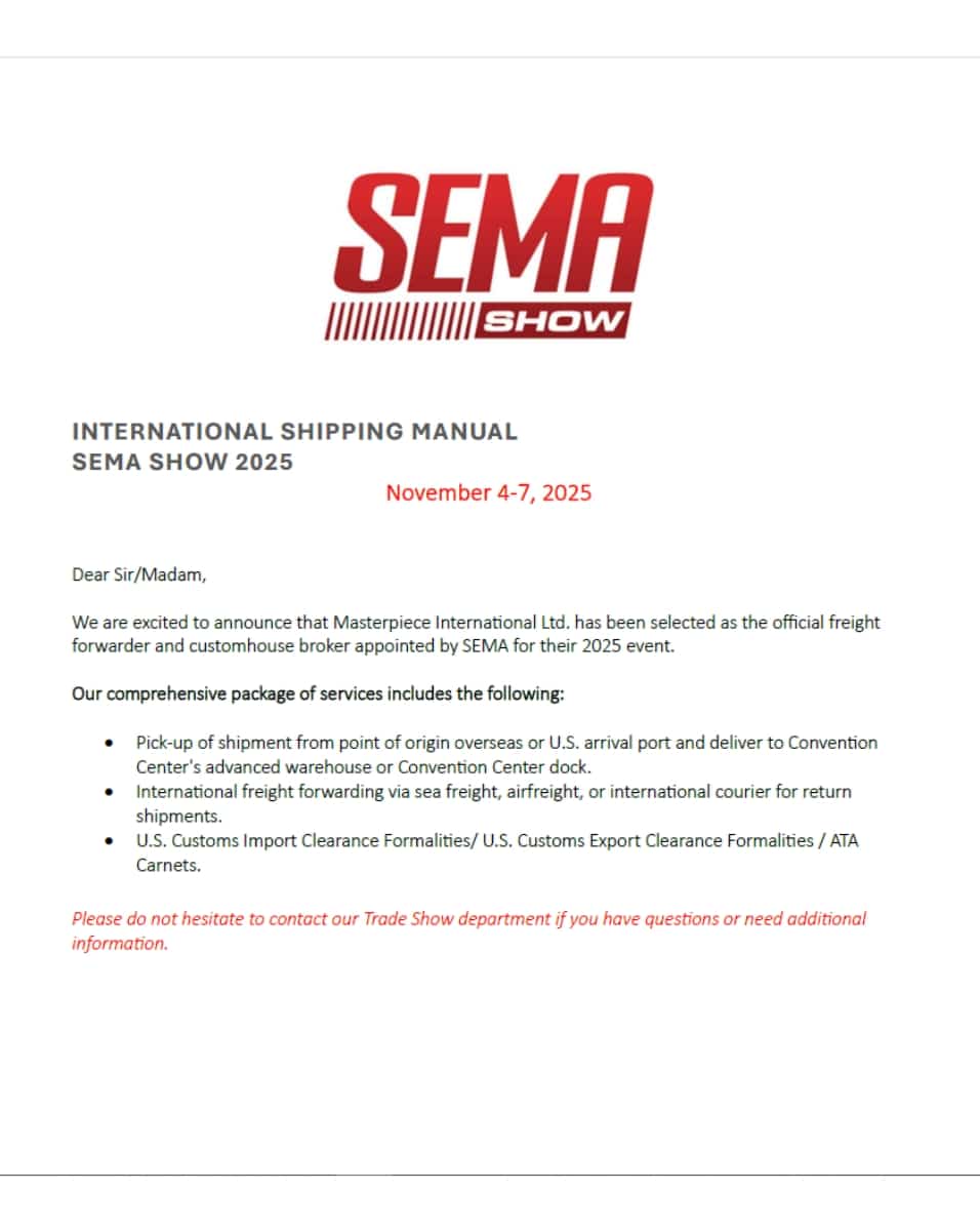 2025 SEMA Show International Shipping Manual - Masterpiece